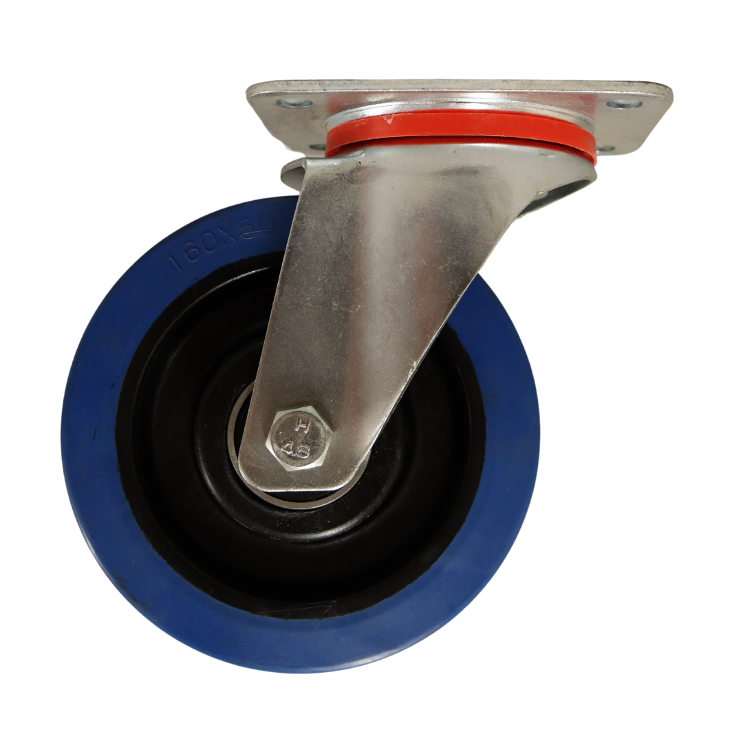 Fixed Castor 160mm Blue Elastic Rubber Wheel. | Castors New Zealand